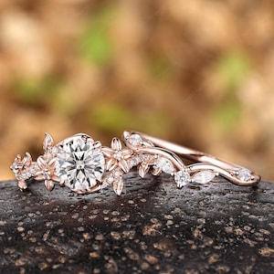 Vintage Round Moissanite Engagement Ring Set Nature Inspired Leaf ...