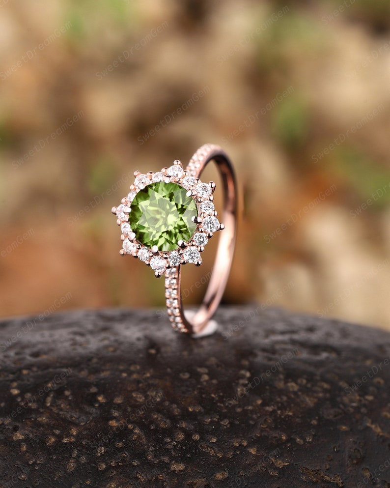 Vintage Round Peridot Engagement Ring Set 14K Rose Gold - Etsy