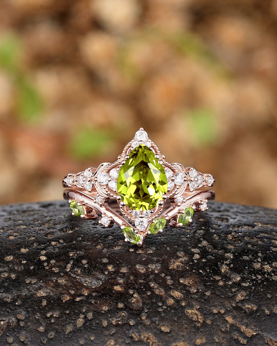 Pear Shape Peridot Engagement Rings Set, Dainty Moissanite Halo Wedding ...