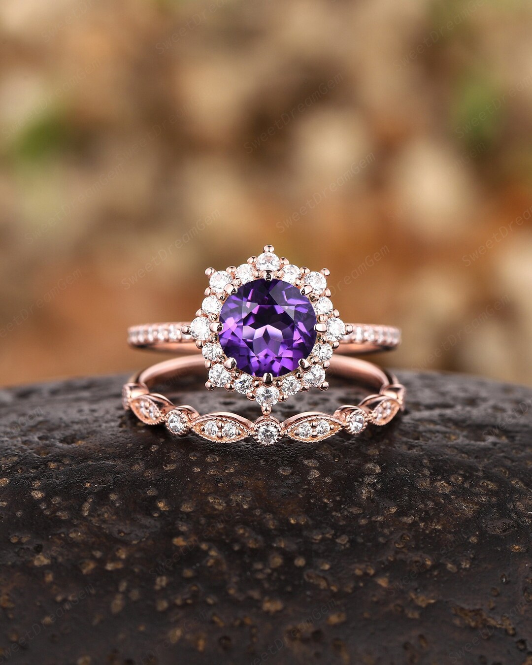 Vintage Round Amethyst Engagement Ring Set, 14K Rose Gold Amethyst ...