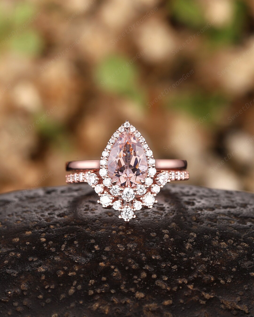 Vintage Pear Shaped Morganite Engagement Ring Set, Moissanite Cluster Promise Rings for Women ...
