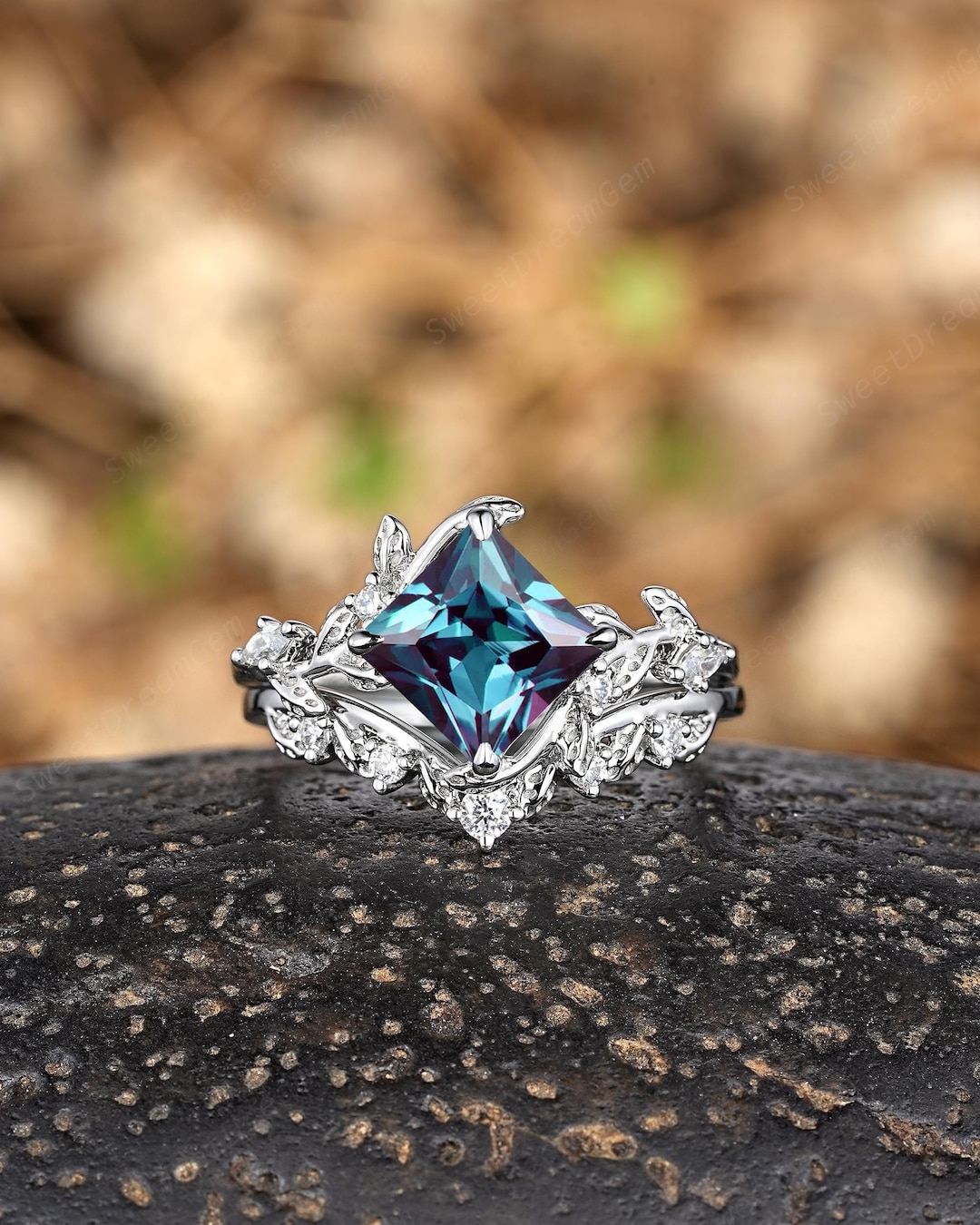 Princess Cut Alexandrite Engagement Ring Set Custom Leaf Nature ...