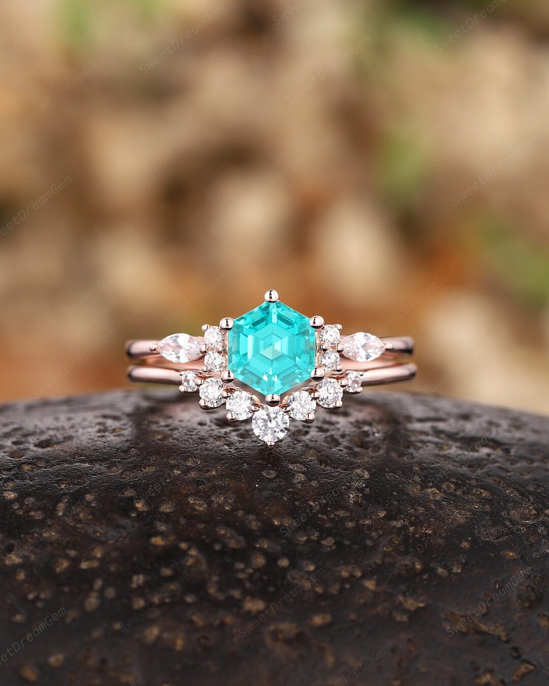 Vintage Hexagon Cut Neon Blue Paraiba Tourmaline Engagement Ring Set ...
