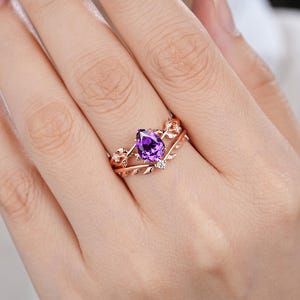 Pear Shape Purple Sapphire Engagement Ring Set, Vintage Leaf Nature ...