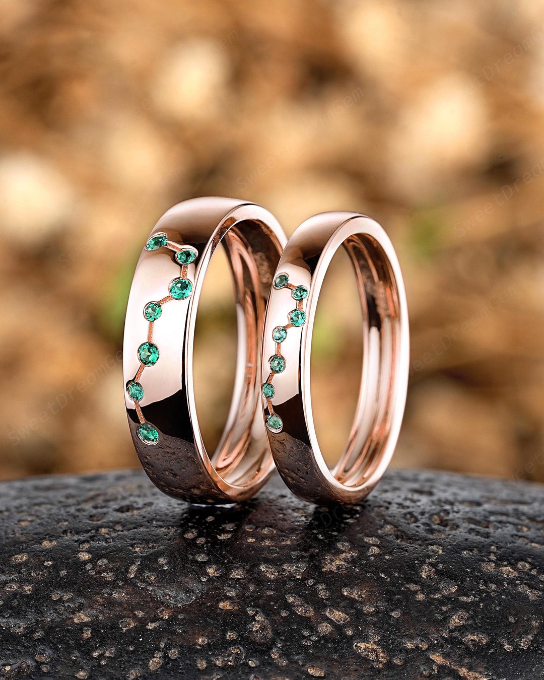 14k Gold Big Dipper Couple Rings Set Antique Emerald His and Hers ...