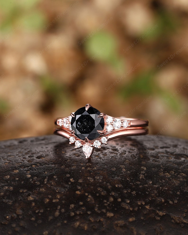 1.5 CT Round Shape Natural Black Diamond Engagement Ring Set, 18K Rose ...