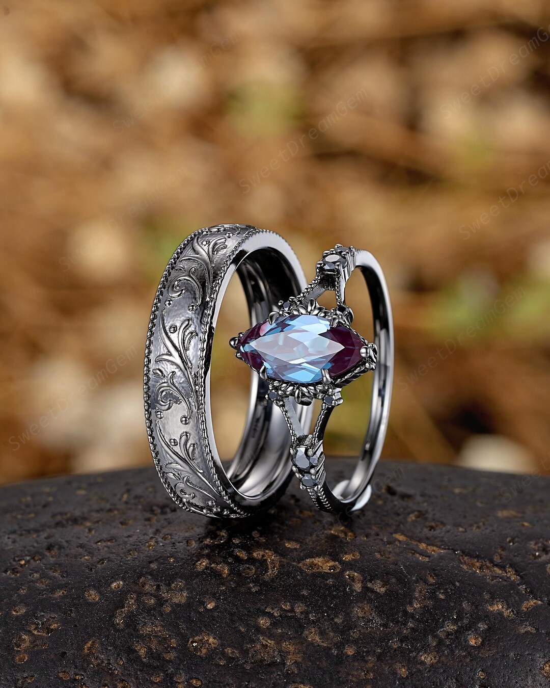 Gothic Black Gold Couple Ring Set Alexandrite Anniversary Rings for ...