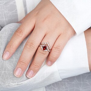 Vintage Princess Cut Garnet Halo Engagement Ring, Unique Garnet Bridal ...