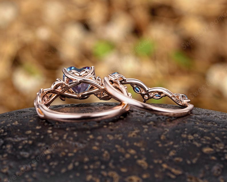 Heart Cut Alexandrite Engagement Ring Set 14k Gold Leaf Nature Inspired ...