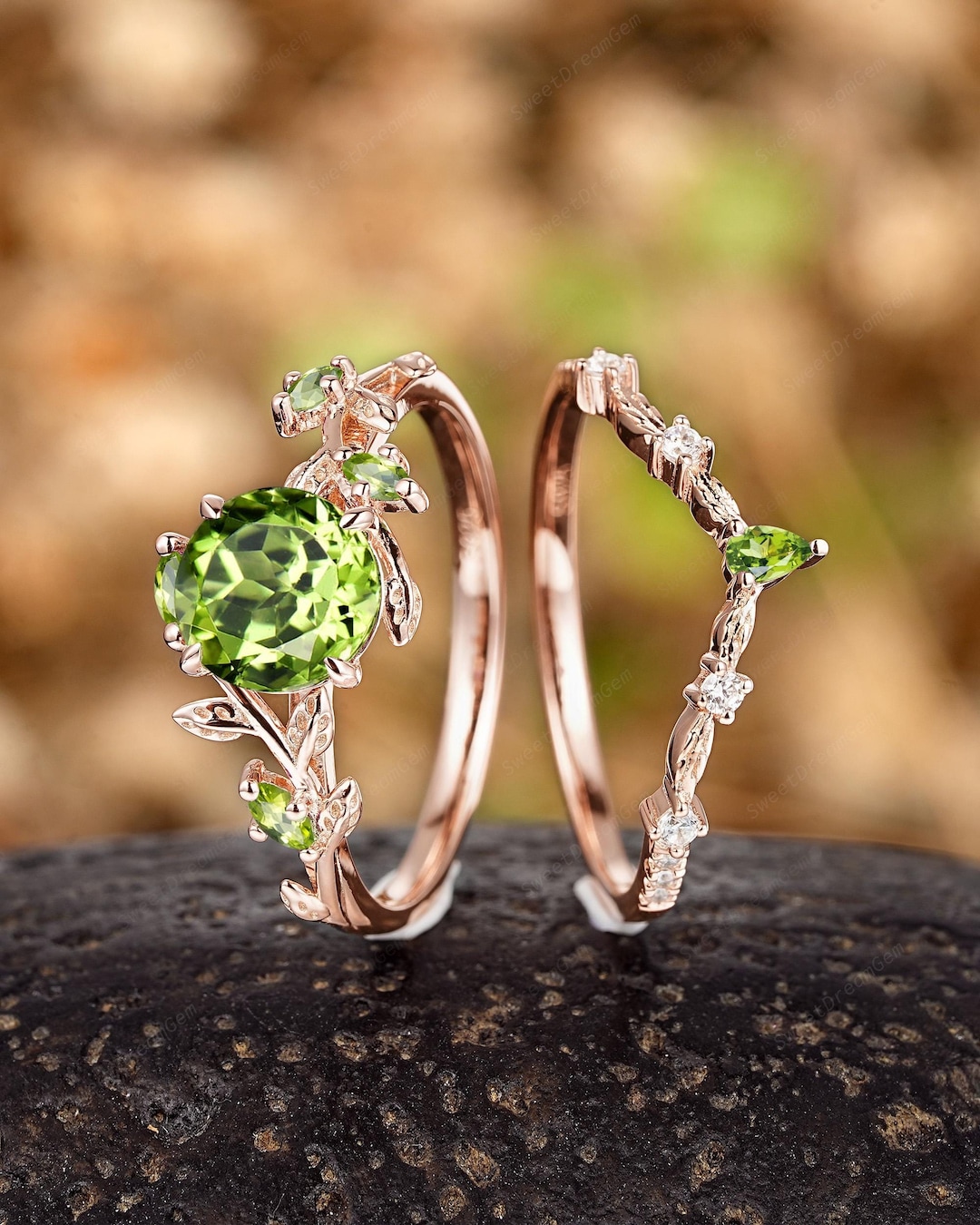 Round Peridot Engagement Ring Set 14k Rose Gold Leaf Nature Inspired ...