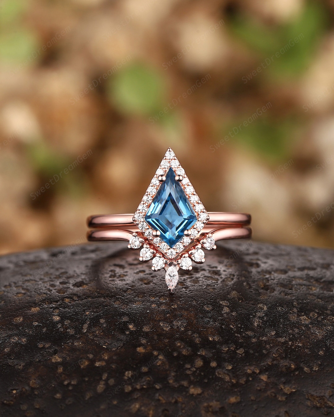 Vintage Kite Cut London Blue Topaz Engagement Ring Set, V Shape 14K ...