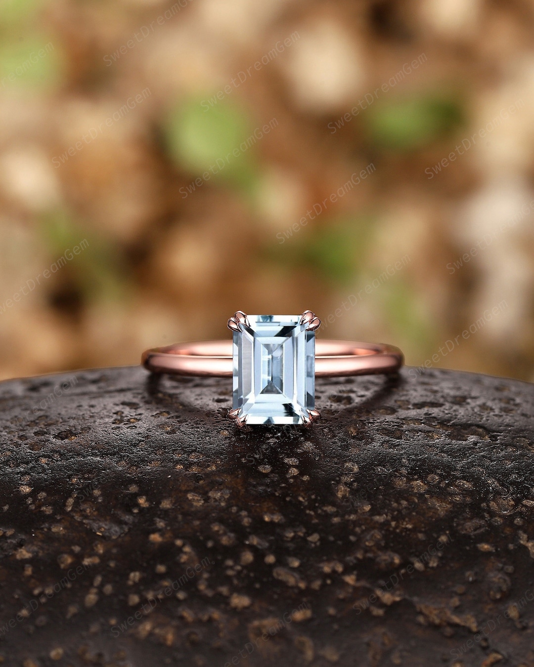 Emerald Cut Aquamarine Solitaire Engagement Ring, Minimalist 14K Rose ...