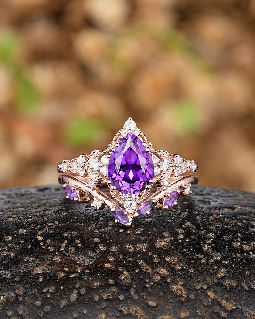 Vintage Purple Sapphire Leaf Engagement Ring Set 14k Gold Purple ...