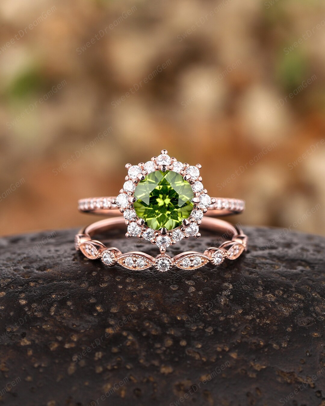 Vintage Round Peridot Engagement Ring Set, 14K Rose Gold Peridot Floral ...
