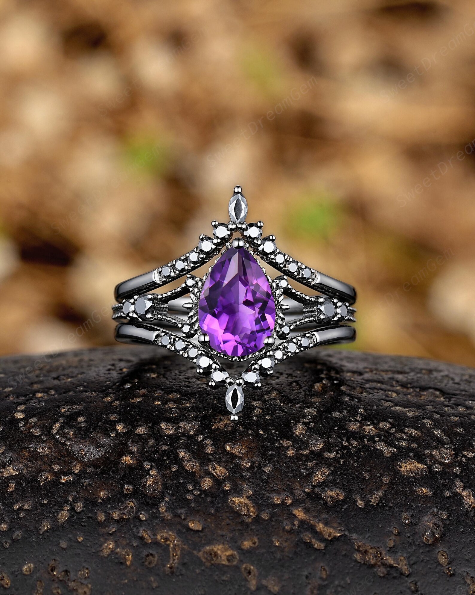 Pear Shaped Amethyst Engagement Ring Set 3pcs Black Gold Milgrain Split ...