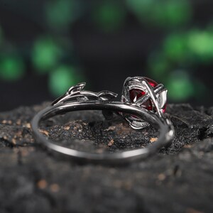 Vintage Black Gold Round Ruby Engagement Ring, Unique Rhodium Black Leaf Ruby Promise Ring ...