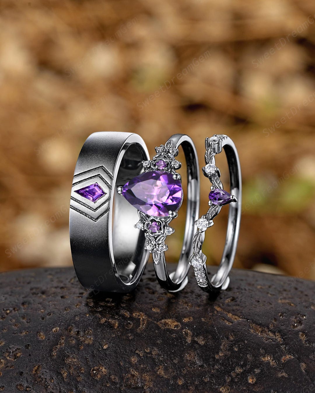 Gothic Black Gold Couple Ring Set Leaf Floral Inspired Wedding Rings ...