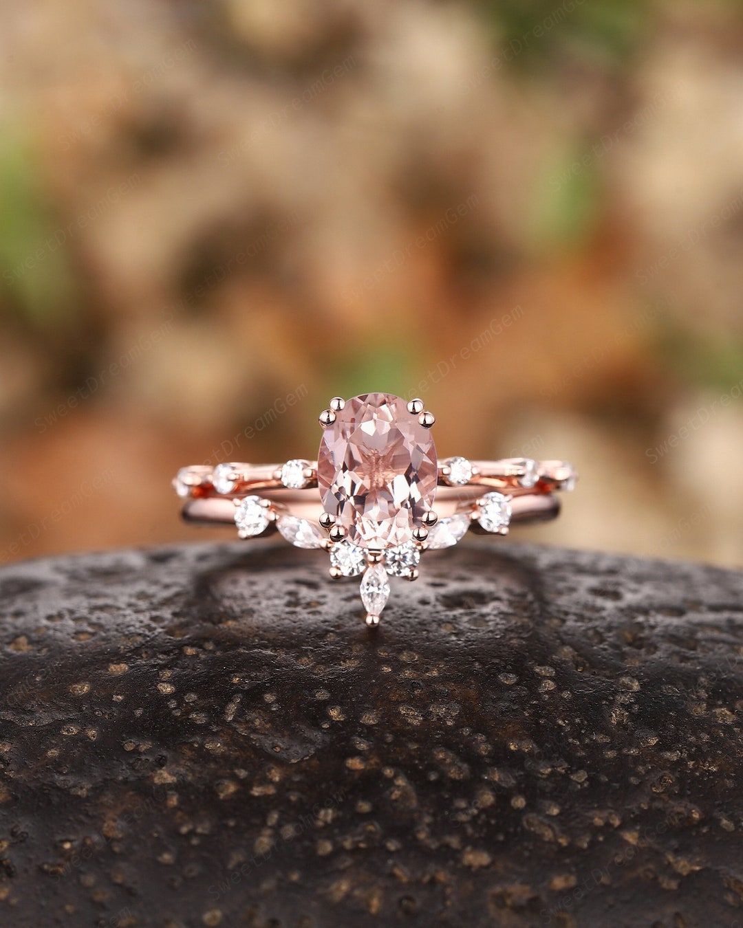 Vintage Oval Cut Pink Morganite Engagement Ring Set, Unique Morganite ...
