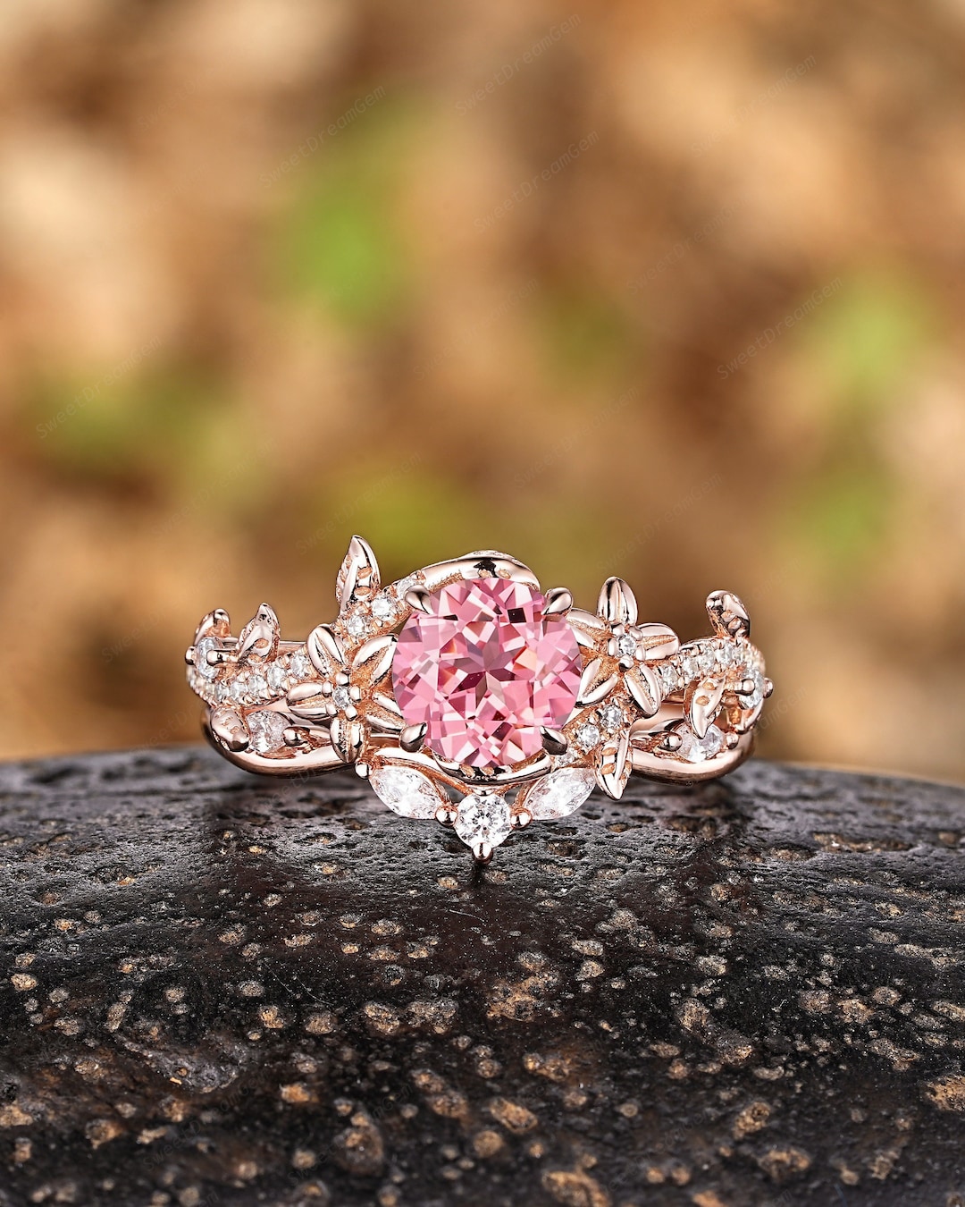 Round Floral Pink Sapphire Engagement Ring Set Nature Inspired Leaf ...