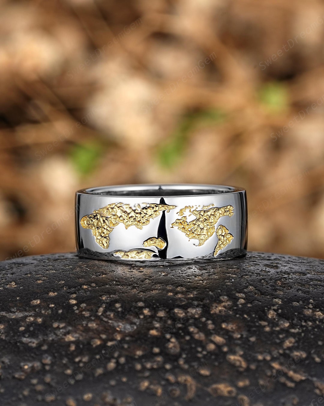 8mm Custom White Gold Mens Ring World Map Wedding Band, Travelers ...