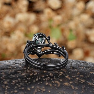 Nature Moss Agate Engagement Ring Set Black Gold Nature Inspired Leaf ...
