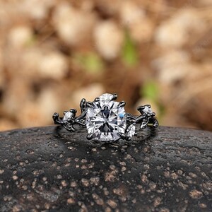 Cushion Cut Gray Moissanite Engagement Ring Set Gothic Black Gold Leaf ...