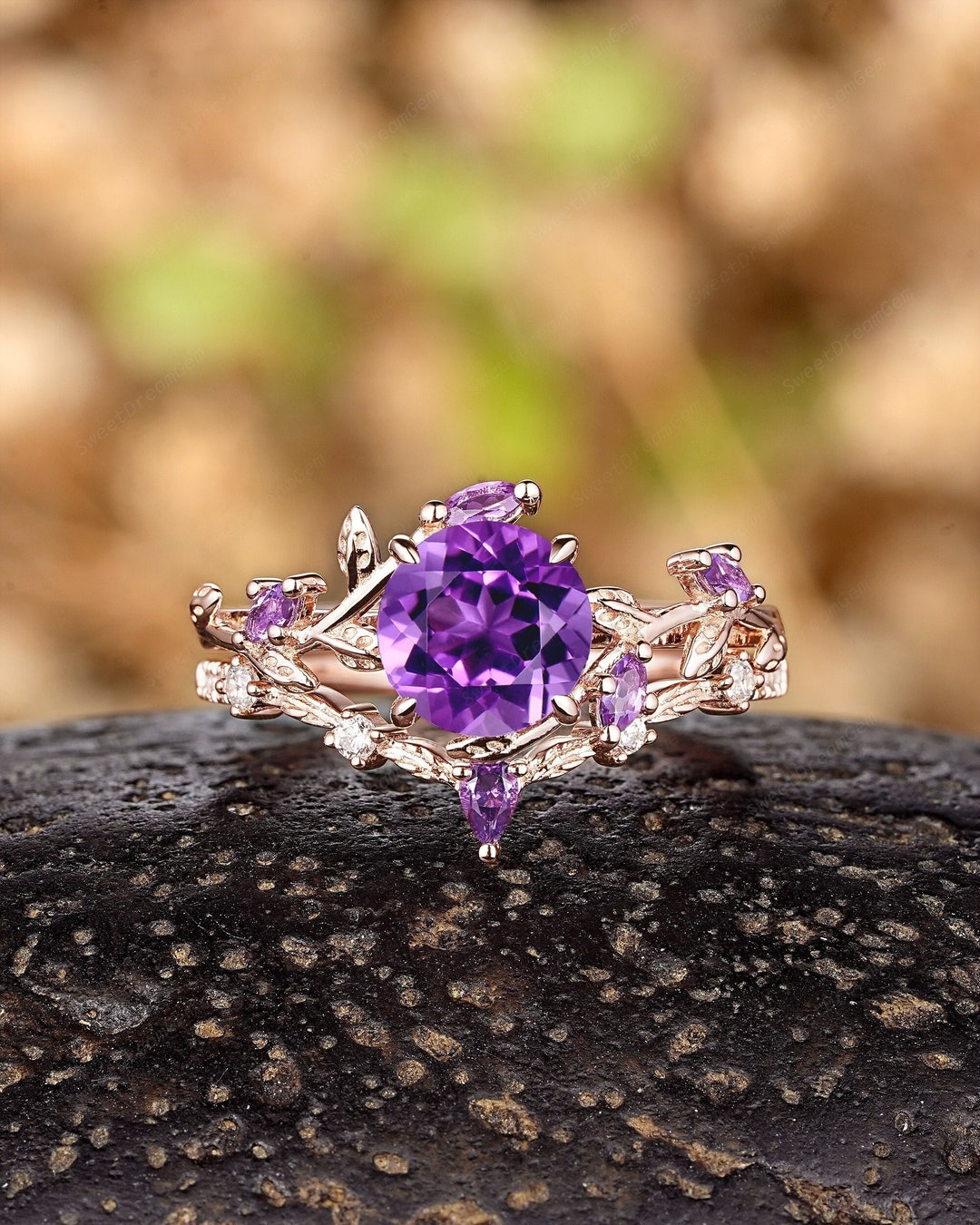 Round Amethyst Engagement Ring Set Marquise Amethyst Leaf Floral ...