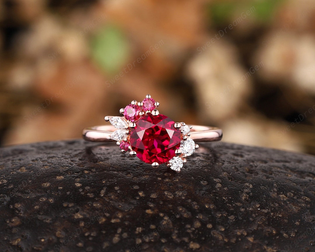 Vintage Round Ruby Cluster Engagement Ring, Art Deco Ruby Promise Ring ...