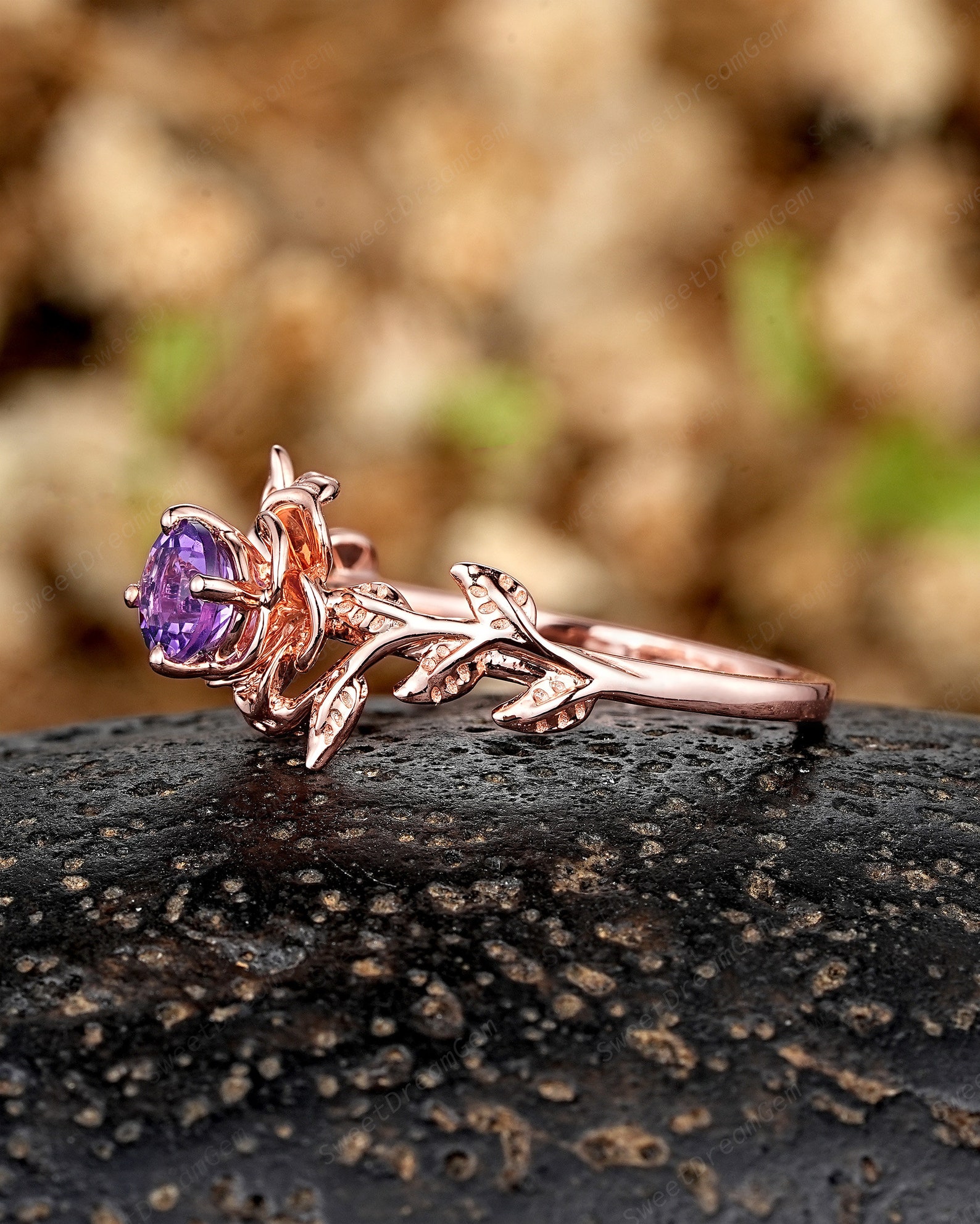 Round Amethyst Rose Flower Engagement Ring, Art Deco June Birth Flower ...