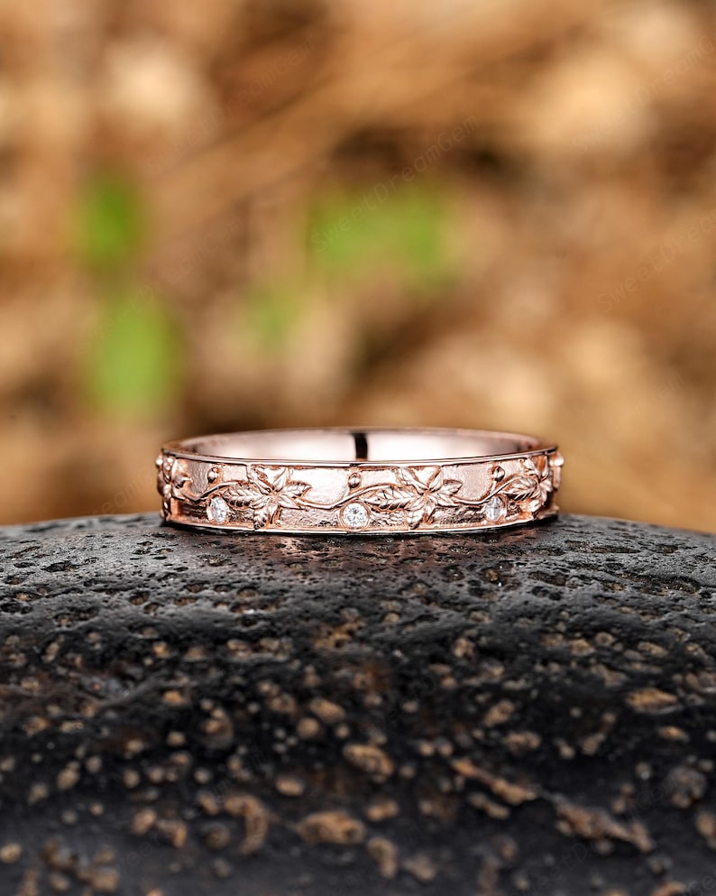 Yellow Gold Coffee Flower Couple Ring Set Custom Leaf Branch ...