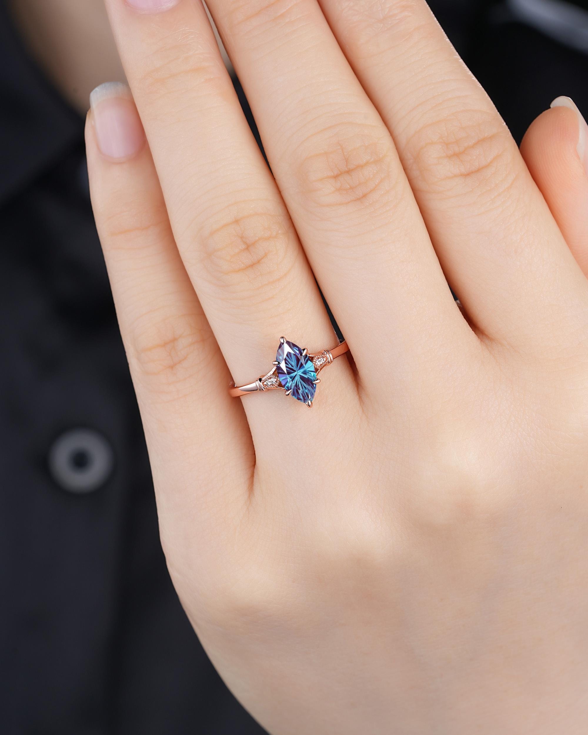 Marquise Cut Alexandrite Engagement Ring 14k Gold Fireworks Cut ...