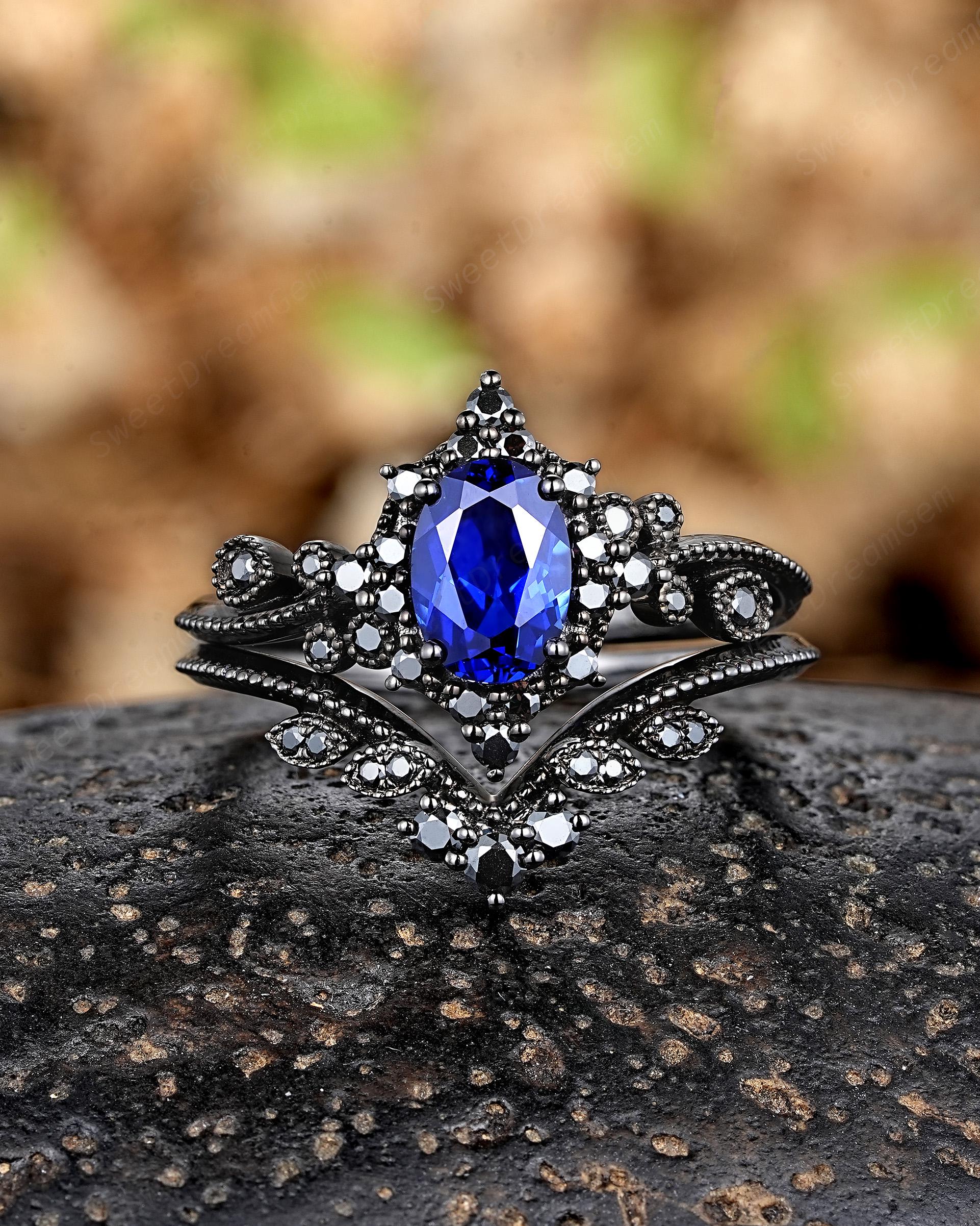 Oval Cornflower Blue Sapphire Engagement Ring Set Milgrain Black ...