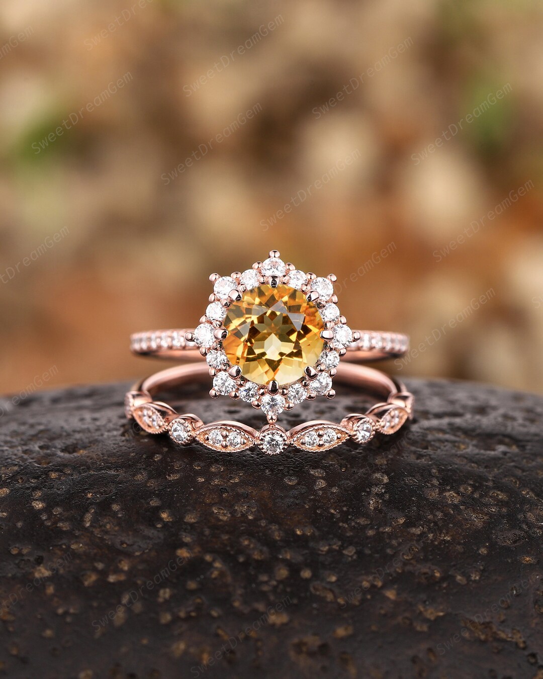 Vintage Round Citrine Engagement Ring Set, 14K Gold Floral Halo ...