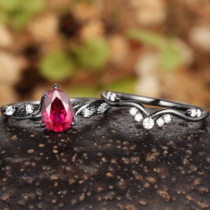 Gothic Pear Shape Ruby Leaf Engagement Ring Set, Black Gold Ruby Floral Bridal Set, Rhodium ...