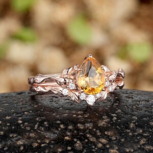 Pear Yellow Citrine Engagement Ring Set, Vintage Gold Leaf Nature ...