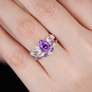 Pear Shaped Purple Sapphire Engagement Ring Set, 14k White Gold Leaf ...