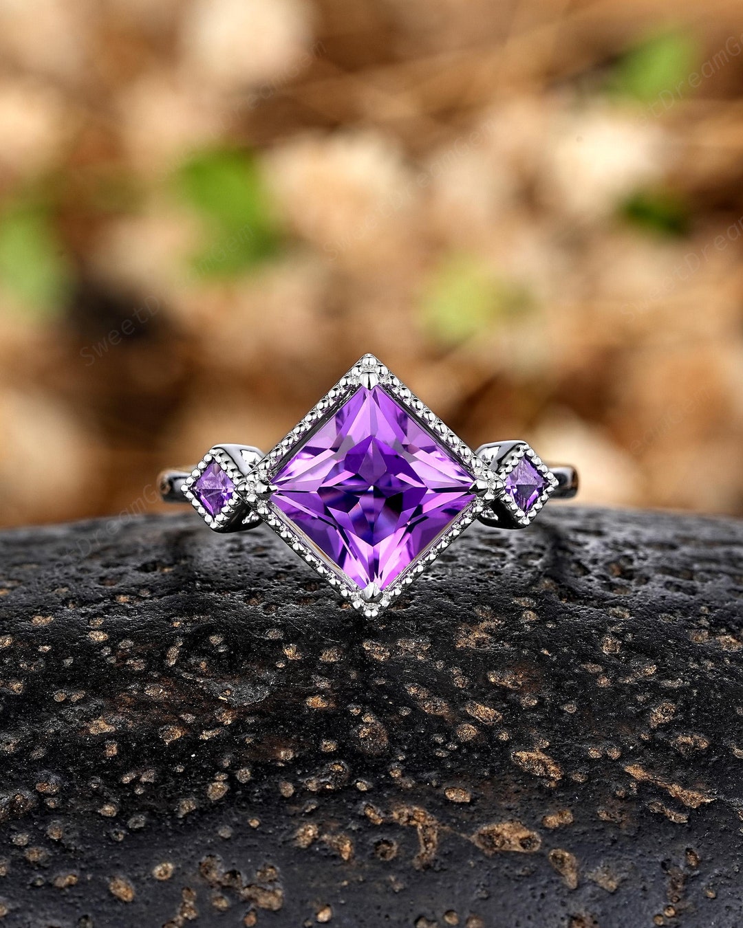 Unique Princess Cut Amethyst Engagement Ring Gothic Black Gold Milgrain ...