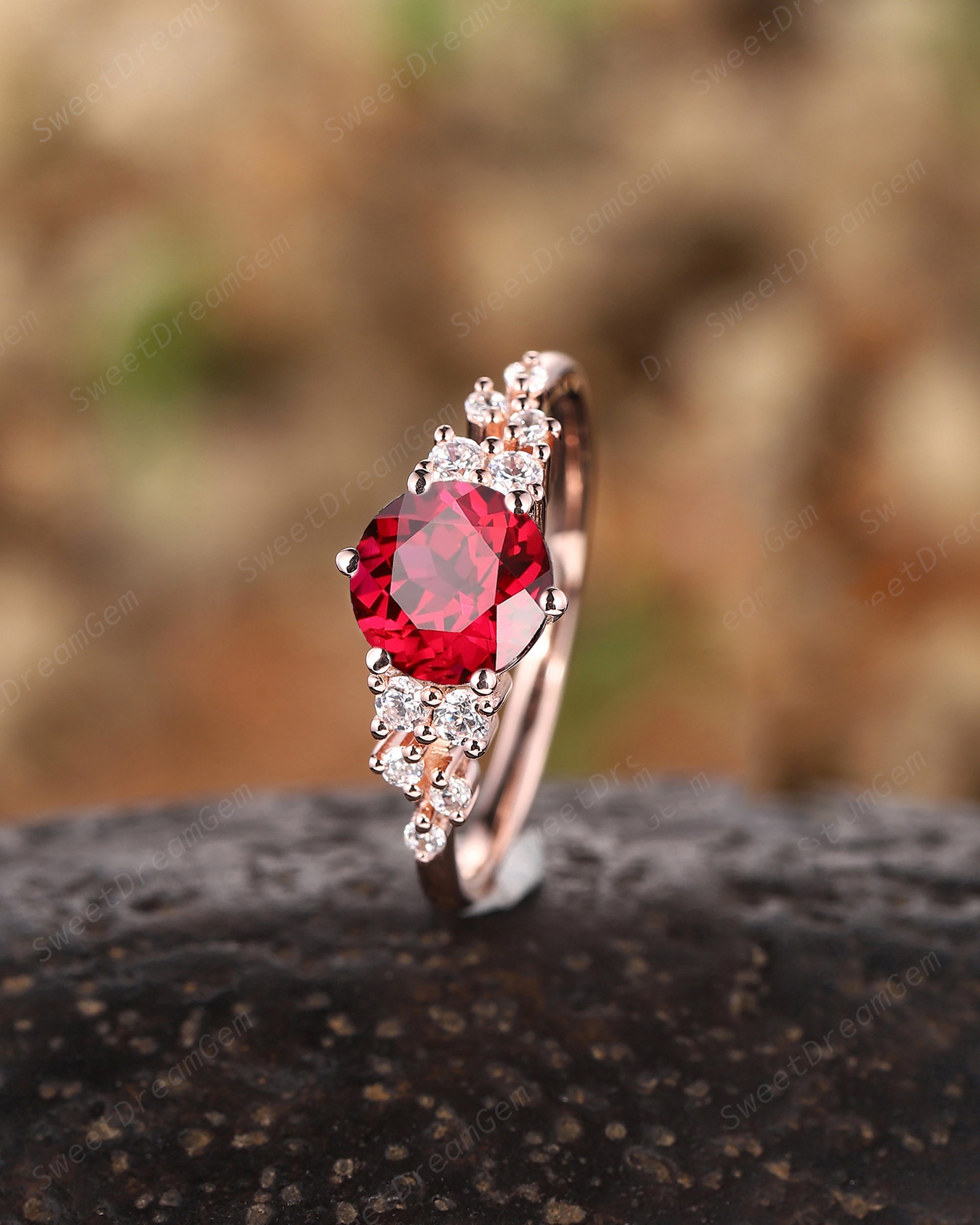 Vintage Round Cut Ruby Engagement Ring Set, Unique 14K Rose Gold Ruby ...