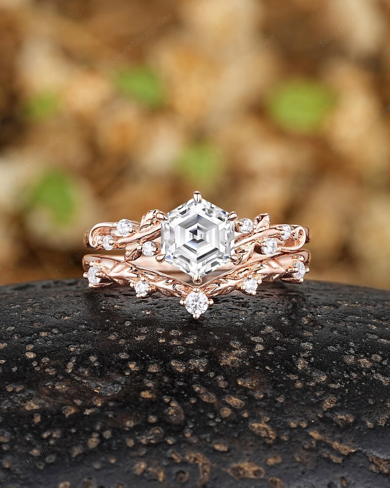 Hexagon Cut Moissanite Engagement Ring Set, Leaf Vine Nature Inspired ...