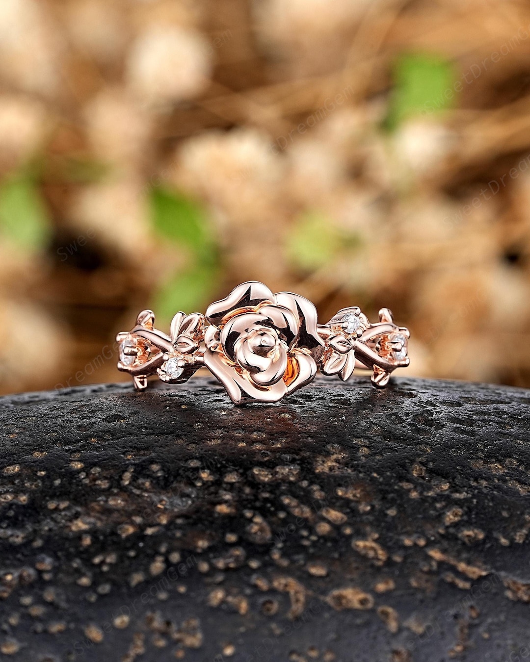 Dainty Rose Flower Engagement Ring, Nature Inspired Leaf Floral Wedding ...