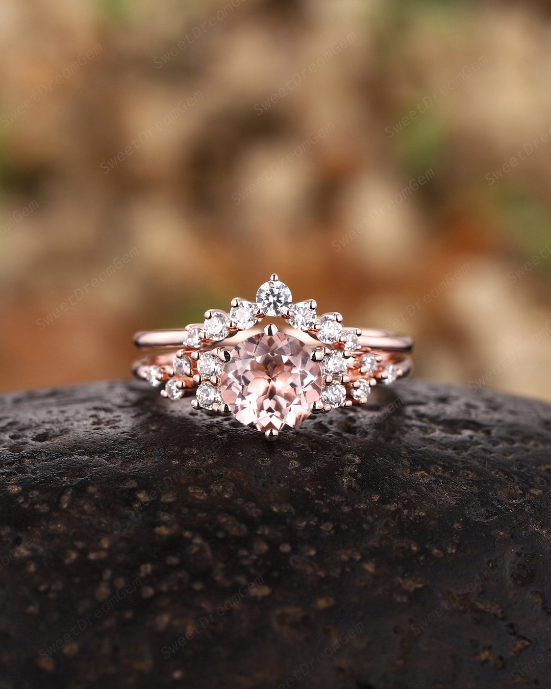 Vintage Round Pink Morganite Engagement Ring Set, 14k Gold Morganite ...