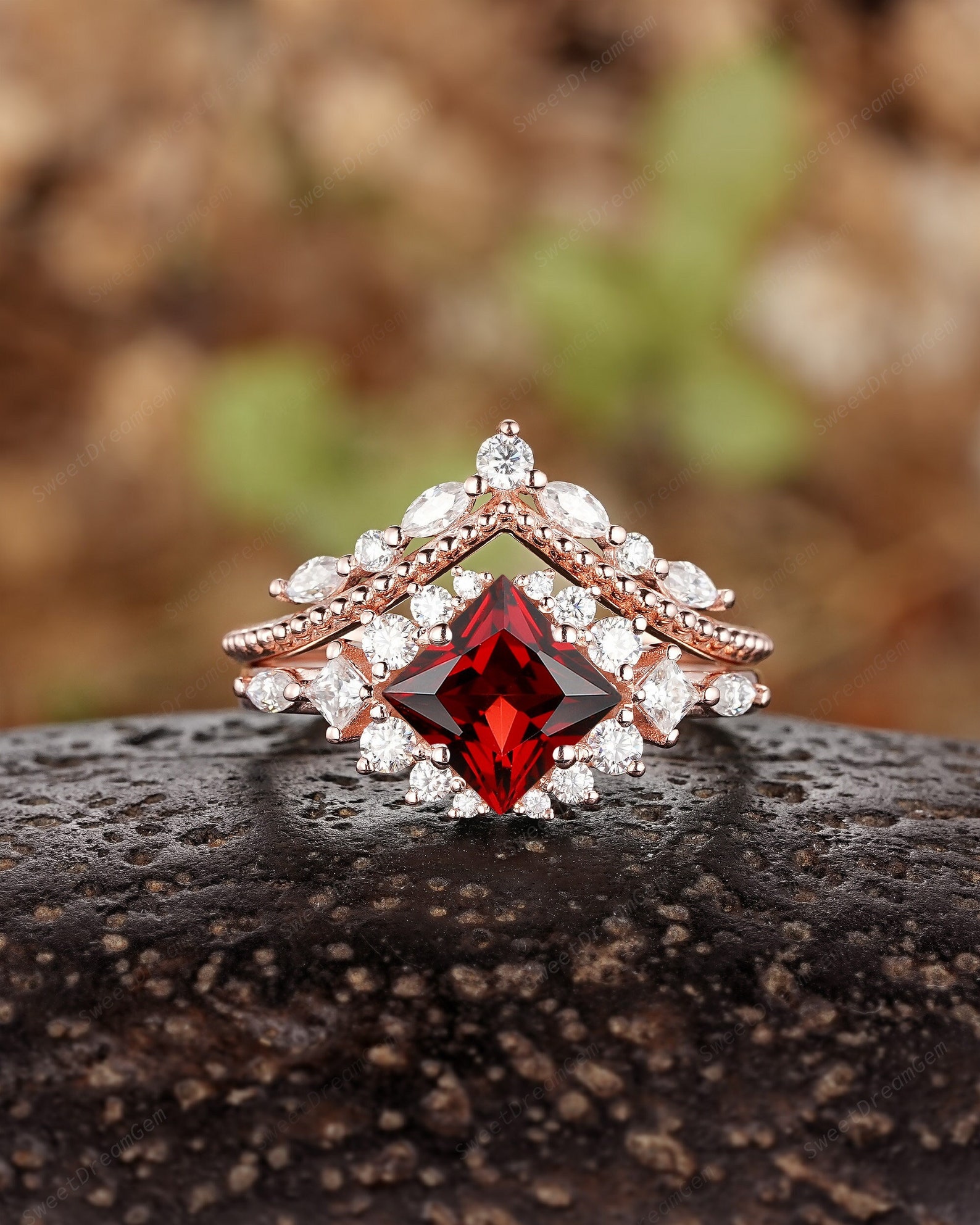 Vintage Princess Cut Garnet Halo Engagement Ring, Unique Garnet Bridal ...