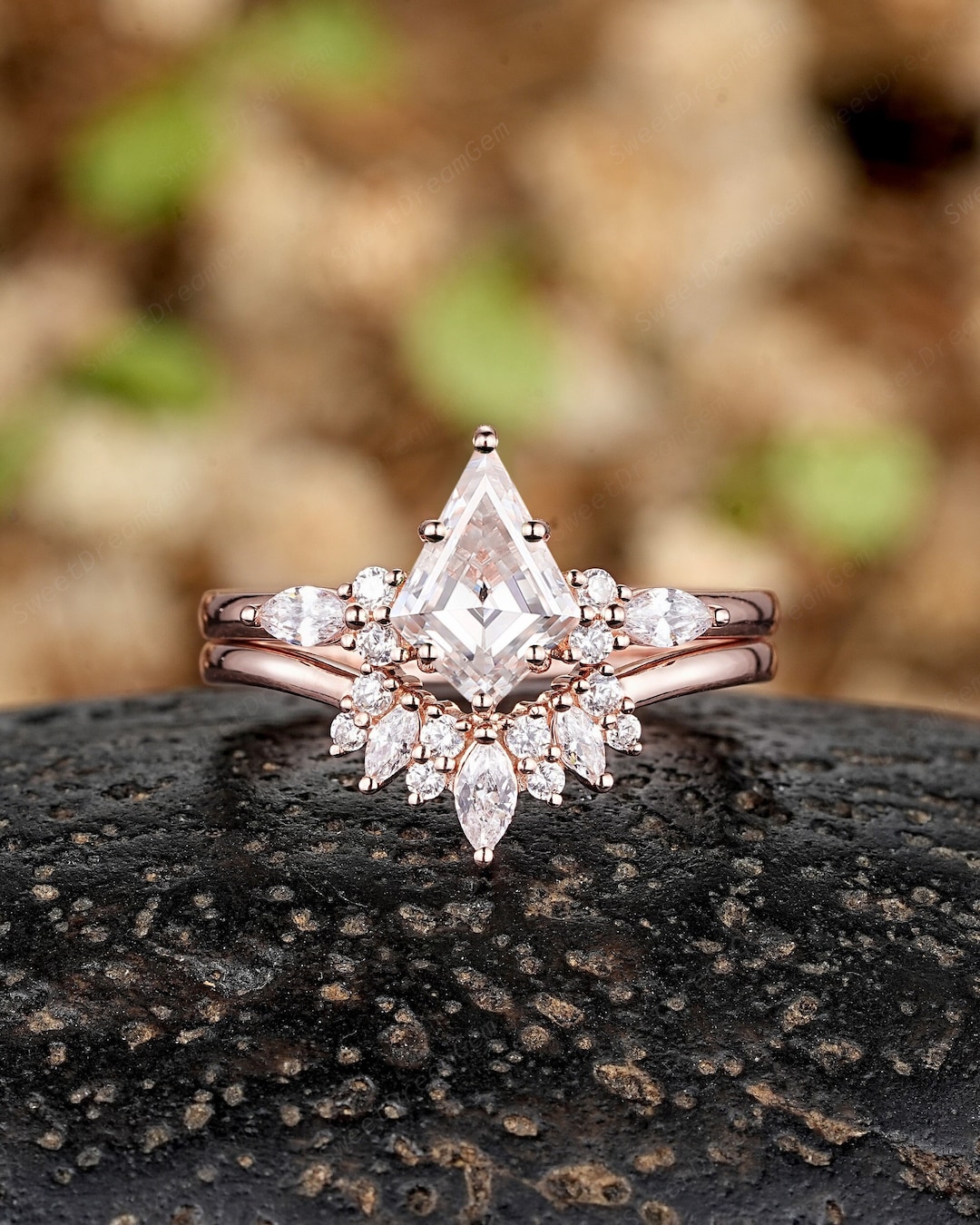 Vintage Kite Cut Moissanite Engagement Ring Set, 14k Gold Cluster ...