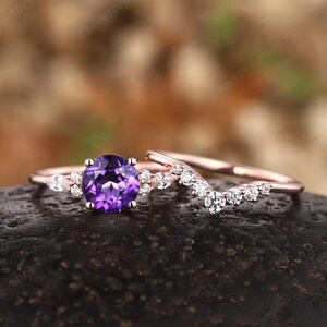 Vintage Round Cut Amethyst Bridal Set, Unique Amethyst Engagement Ring ...