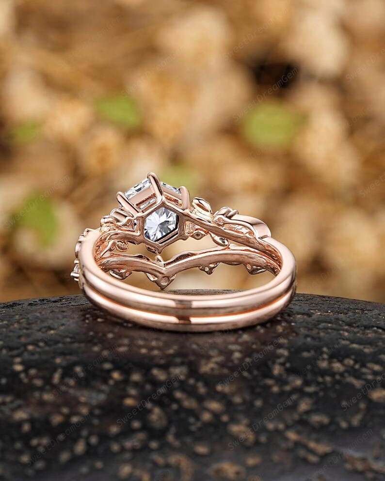 Hexagon Cut Moissanite Engagement Ring Set, Leaf Vine Nature Inspired ...