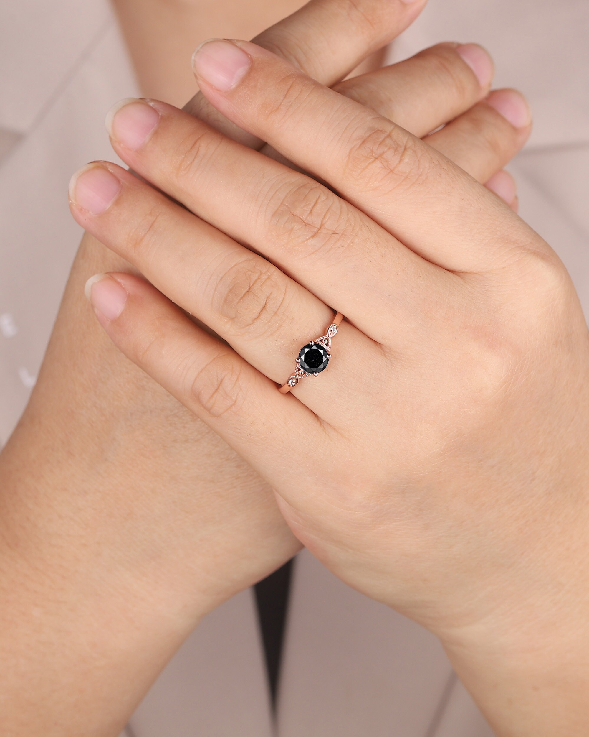 1 CT Roung Shape Natural Black Diamond Engagement Ring, Unique Infinity ...