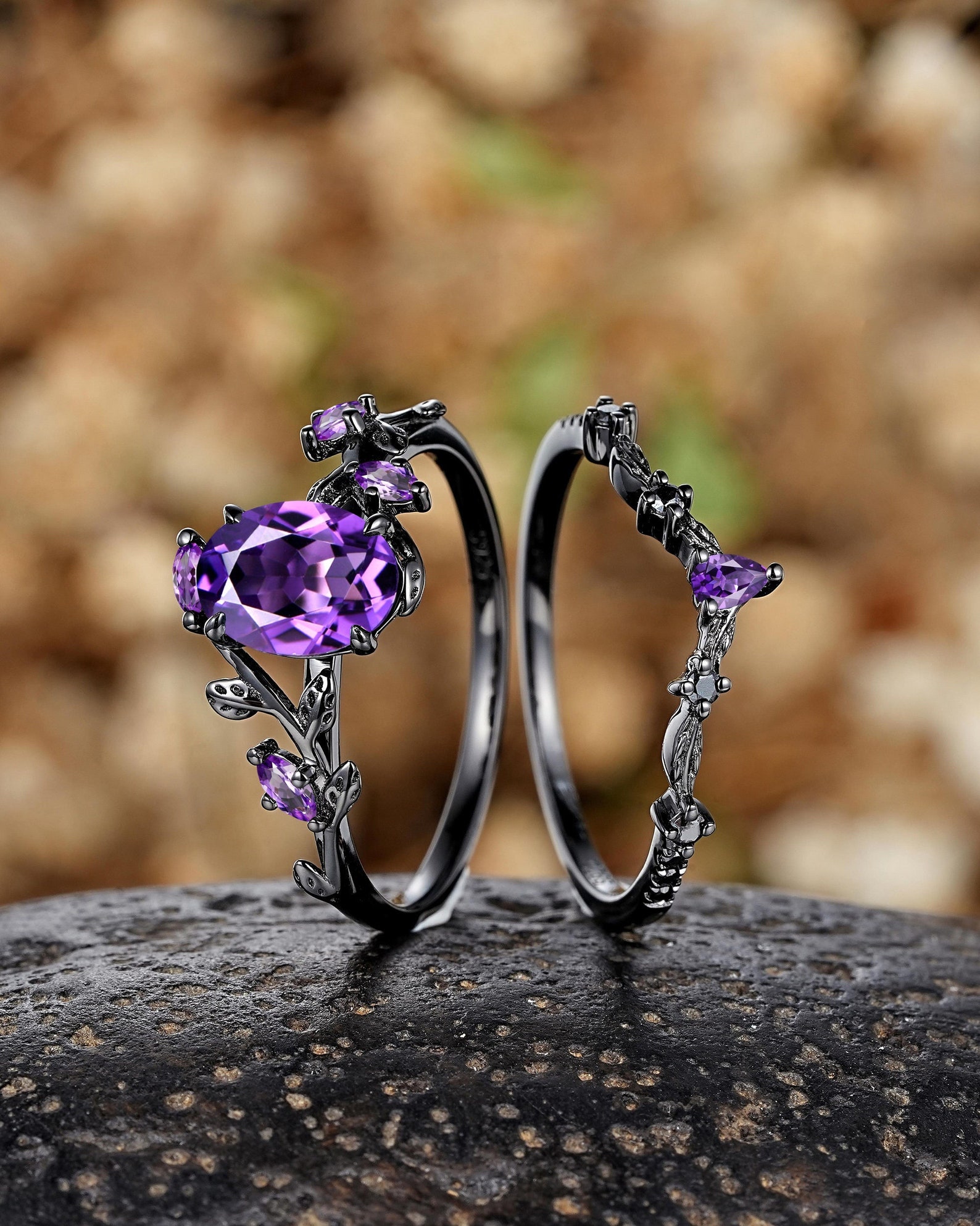 Black Gold Oval Amethyst Engagement Ring Set Vintage Leaf Floral ...
