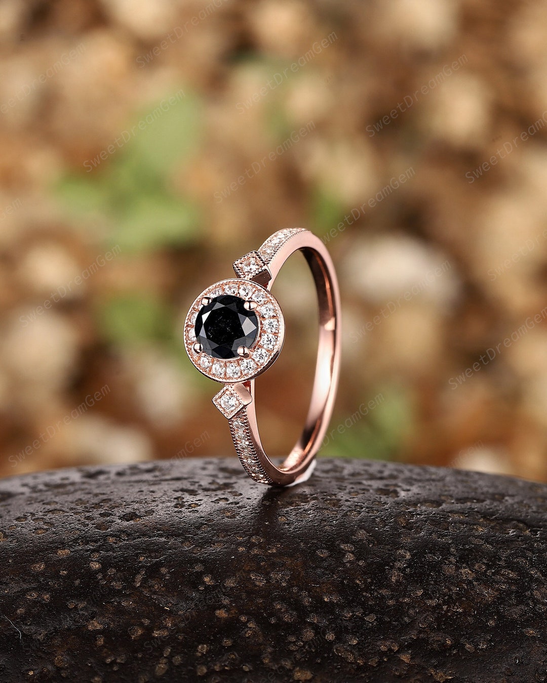0.5 CT Natural Black Diamond Halo Engaement Ring, Unique 14K Rose Gold ...