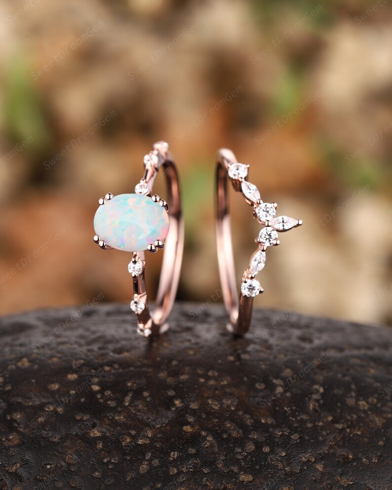 Vintage Oval White Fire Opal Engagement Ring Set, Unique White Opal ...
