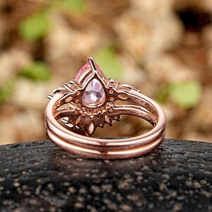 Pear Peach Sapphire Engagement Ring Set, Vintage Cluster Moissanite ...